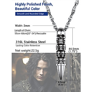 PROSTEEL Stainless Steel Skull Bullet Charm Necklace Skeleton Pendant Halloween Jewelry Retro Vintage Statement Necklace