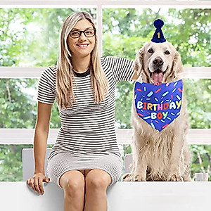 Dog Birthday Bandana Scarf, Boy Dogs Birthday Hat with Number, Doggy 1st Birthday Party Supplies for Small Medium Dog Puppy Outfits (Blue)