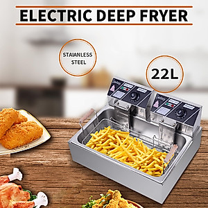 23.26QT 5000W Large Electric Deep Fryer with Baskets & Lids,Stainless Steel Commercial Fryer,Adjustable Temperature,Easy Clean,Countertop Kitchen Frying Machine,French Fries Donuts