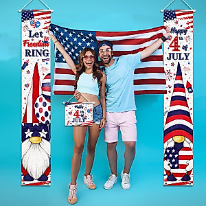 4th of July Gnomes Porch Sign Banner,4th of July Decorations Patriotic Gnome Door Hanging Banner Supplies for Independence Day Memorial Day Party Decorations