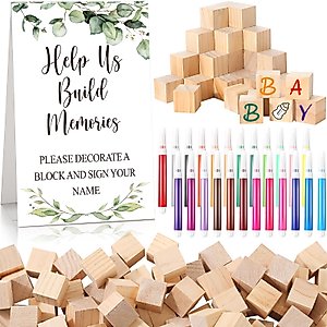 Dinifee 125 Pcs Baby Shower Decorate a Block Game Set Includes Help Us Build Memories Sign 100 DIY Blank Wooden Block 24 Paint Marker Baby Shower Prize for Wedding Baby Shower Game (Leaves)