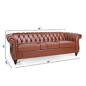 Melpomene Modern Faux Leather 3 Seater Couch Furniture, Button Classic Tufted Chesterfield Settee Sofa with Rolled Arm for Living Room(Brown)