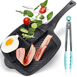 3 Section Pan Skillet - Square 3 in 1 Breakfast Pan - 10 inch Frying Pan Nonstick - All in One Split Sectioned Pan - Divided Pan for Cooking Egg Bacon Veggies