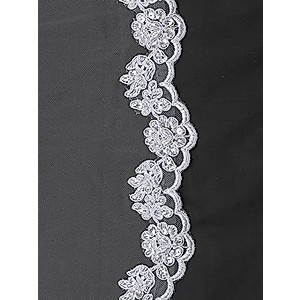 SAMKY 1T 1 Tier Floral Scallop Embroided Lace Pearl Veil - White Fingertip Length 36" V470
