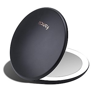 Fancii LED Lighted Travel Makeup Mirror, Rechargeable with 10x/1x Magnifying & 3 Light Settings - Compact, Portable, Large 5” Wide Hand Mirror for Handbag and Purses (Black)