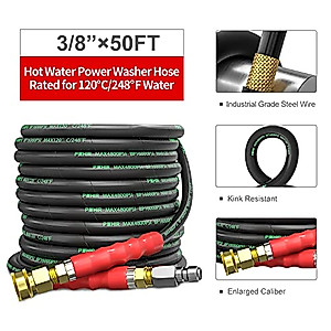 POHIR 3/8" Pressure Washer Hose 50 FT for Cold and Hot Water Max 248°F with Quick Connect, 4800psi Kink Resistant Industry Grade Steel Wire Braided Synthetic Rubber Jacket with 2 M22 14mm Adapter Set