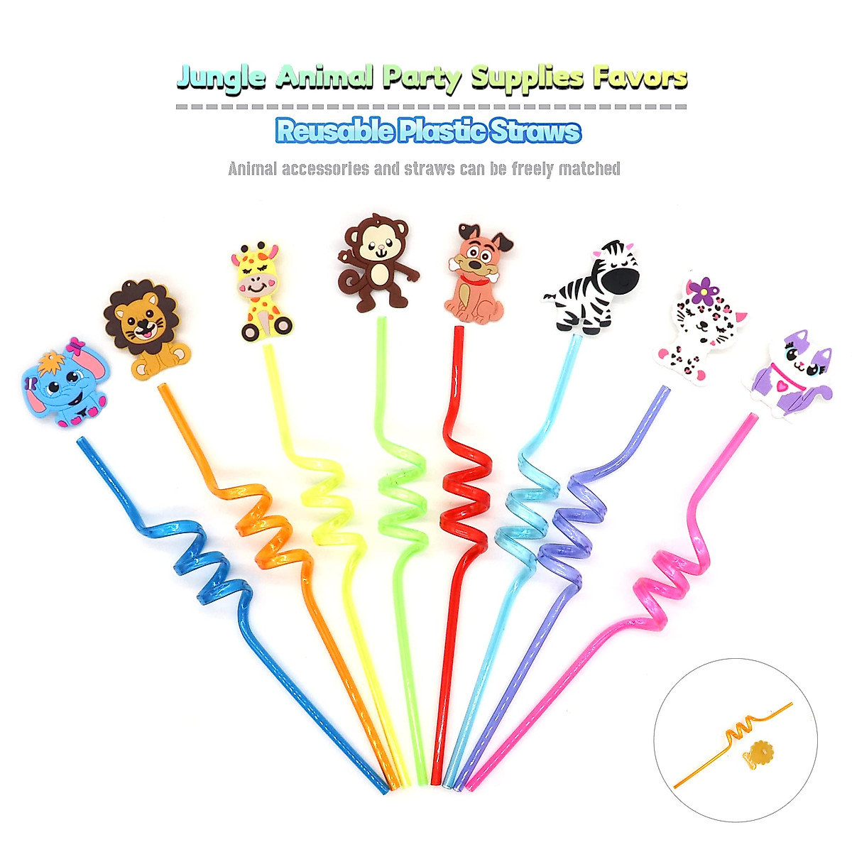 24 Reusable Jungle Animal Plastic Straws for Lion Fox Zebra Giraffe Safari Birthday Party Supplies Favors,Woodland Animal Birthady Party Decorations Straws with 4 Cleaning Brushes