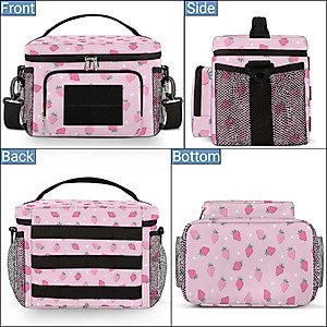 AUUXVA Cute Strawberry Tactical Lunch Bag for Men Women Adult Work Beach Picnic, Polka Dot Pink Lunch Box with Shoulder Strap Meal Prep Organizer Heavy Duty