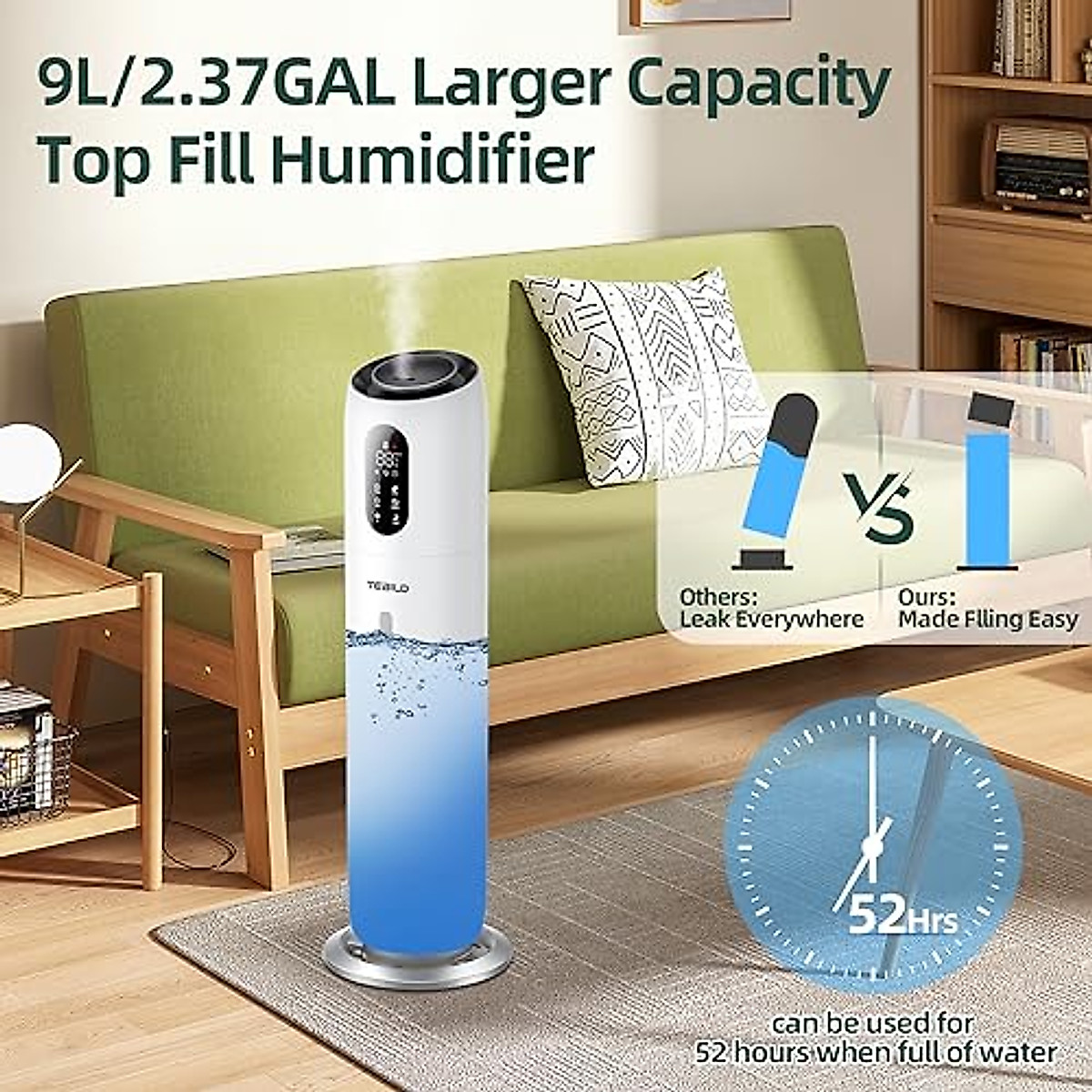 TEBILD Humidifiers for Bedroom Large Room 9L Ultrasonic Cool Mist Humidifier Top Fill Last Up to 52H with 3 Mist Speed,360°Nozzle,Timer, Night Light,Quiet Large Humidifier for Baby Adults Home Office