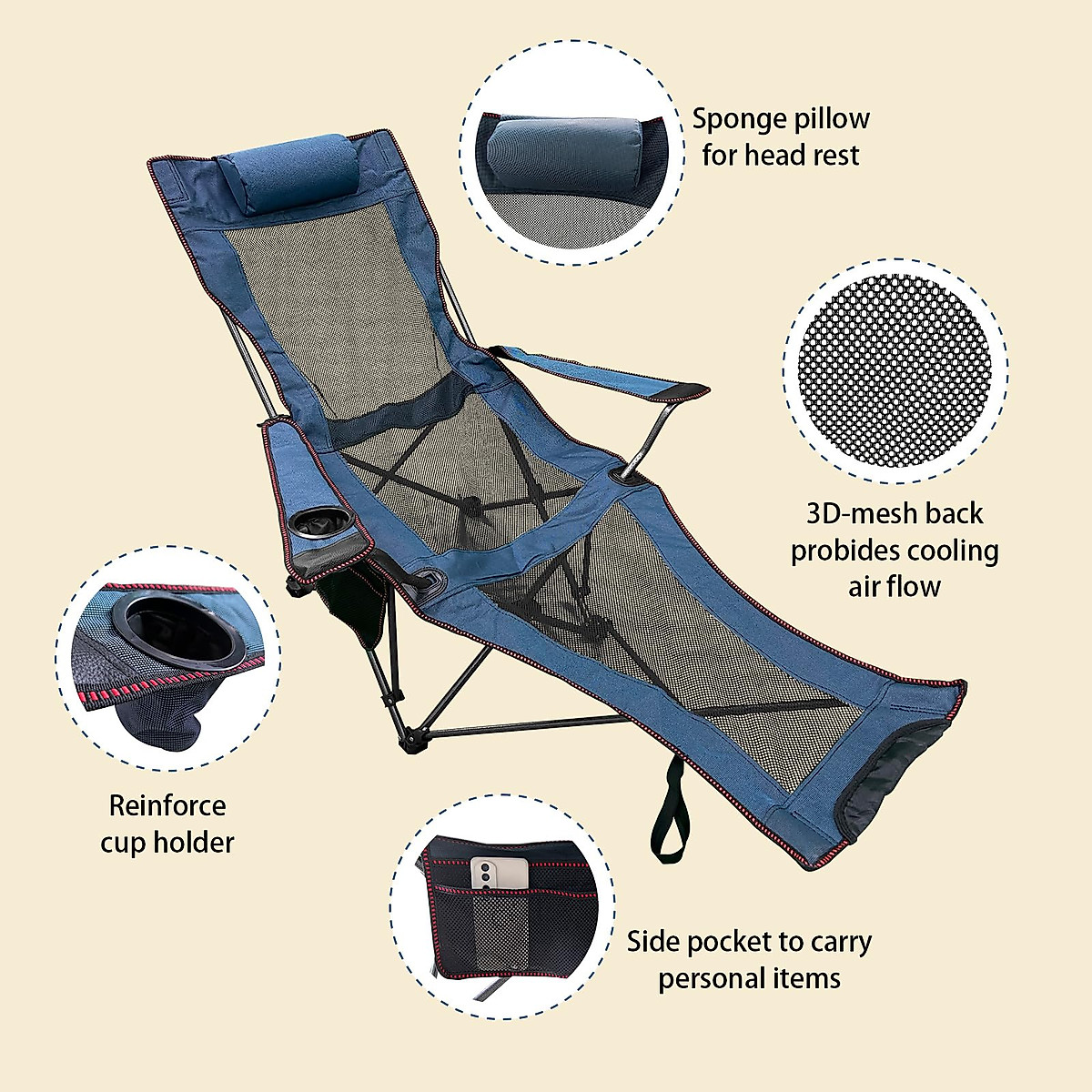 Seatopia Camping Recliner Camping Lounge Chair, Backpacking Folding Chair with Headrest, Footrest and Storage Bag for Outdoor Camping, Beach, BBQ, 330lbs Weight Capacity