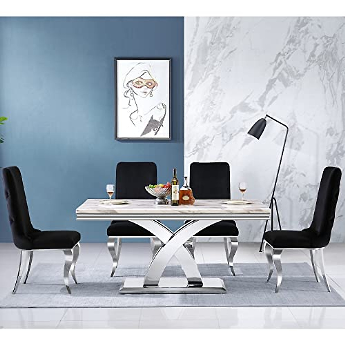 AZhome Dining Chairs, Black Velvet Upholstered Dining Room Chairs in Buttons Tufted Backrest, High Back Heavy Duty Dining Chair with Silver Mirrored Stainless Steel Legs, Set of 6