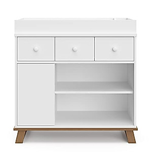 Storkcraft Modern Nursery Changing Table Combo Dresser (White with Vintage Driftwood) – Removable Changing Table Topper Fits Standard-Size Baby Changing Pad, 2 Drawers, 1 Cabinet, Storage Shelves
