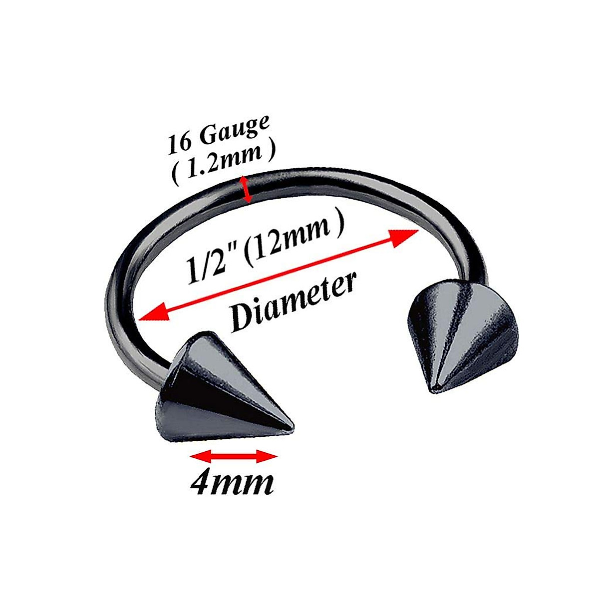 bodyjewellery 8pcs 16g Horseshoe Ring Circular Barbell Cartilage Hoop Septum Nose Lip Eyebrow Spider Bite Tragus Black Spike Ear - 12mm