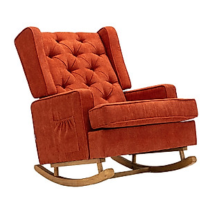 Dolonm Nursery Rocking Chair Upholstered Mid Century Modern Rocker Oversized Wingback Armchair for Living Room with Solid Wood Base (Orange)