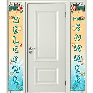Pudodo Welcome Hello Summer Porch Banner Beach Themed Sea Palm Leaves Starfish Seashell Holiday Party Front Door Wall Sign Decoration