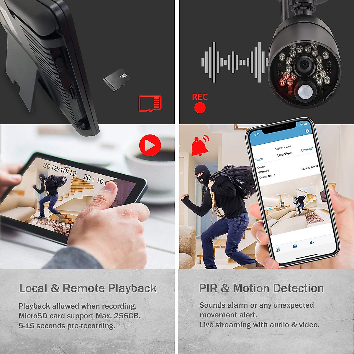 SeQuro-Security-Camera-Monitor-Wireless 720P Outdoor Bullet Cameras, Portable Security Monitor, Night Vision, Waterproof, Motion Sensor Home Surveillance DVR Kits