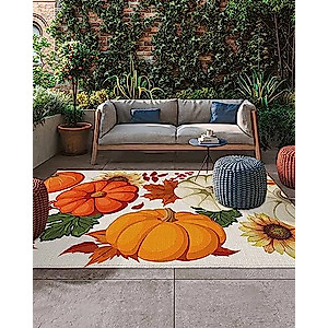 Outdoor Area Rug for Patio,Thanksgiving Pumpkin Sunflower Maple Leaves Camping Rugs Indoor Large Floor Mat 4x6ft,Watercolor Retro Linen Outside Carpet for Deck RV Picnic Porch Backyard Bedroom