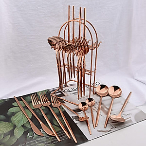 24 PCS Hanging Silverware Sets with Holder, Uniturcky Rose Gold Stainless Steel Eating Utensils Set with Flatware Rack, 6 x Dinner Fork, 6 x Table Knife, 6 x Soup Spoon, 6 x Teaspoon, 1 x Cutlery Rack