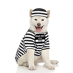 Funny Dog Prisoner Costumes Halloween Dog Prison Pooch Shirts Washable Dog Hat and Card for Halloween Dog Puppy Pet Cosplay (X-Large)