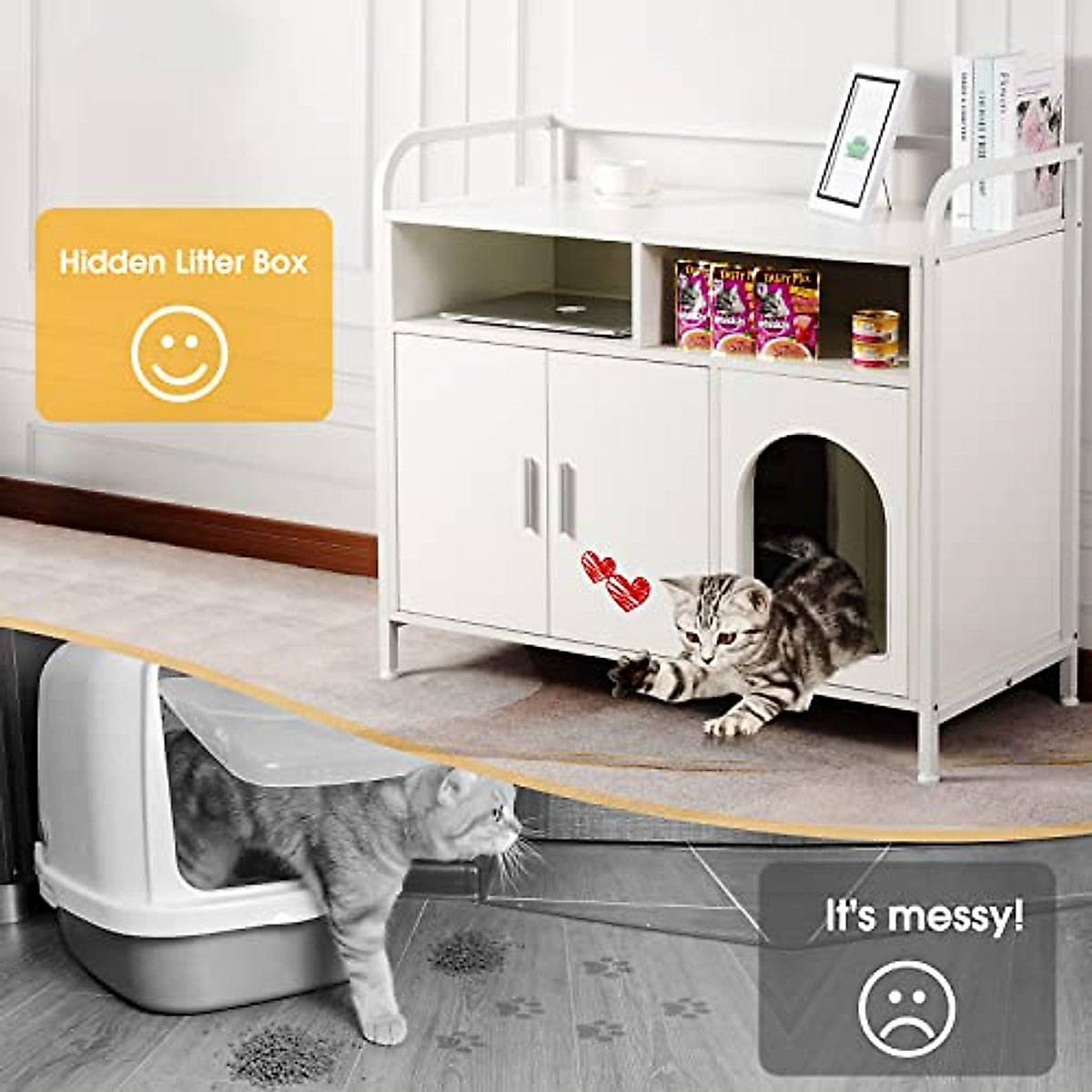 Amunrbrek Litter Box Enclosure,Cat Litter Box Furniture Hidden,Large Washroom with Scratching Pad,Modern Cabinet White
