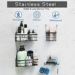 Supfirm Corner Shower Caddy, No Drilling Wall Mounted Stainless Steel Adhesive Shower Organizer with Hooks, Storage Organizer for Bathroom and Kitchen (Black 4-pack)