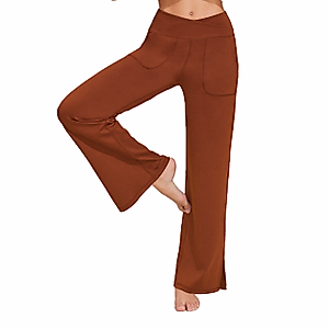 PINSPARK Womens Wide Leg Pants Cross High Waist High Stretch Dress Pants with 2 Pockets Elegant Side Slit for Yoga Casual Work WineRed