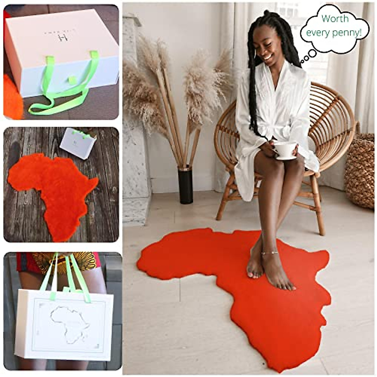 Lith African Map Faux Rabbit Fur Area Rug & Throw - Client Call It Impactful Gift- Soft Plush Luxurious Chair Couch Sofa Bed Cover or Nursery Floor - 3x3 ft (Orange)