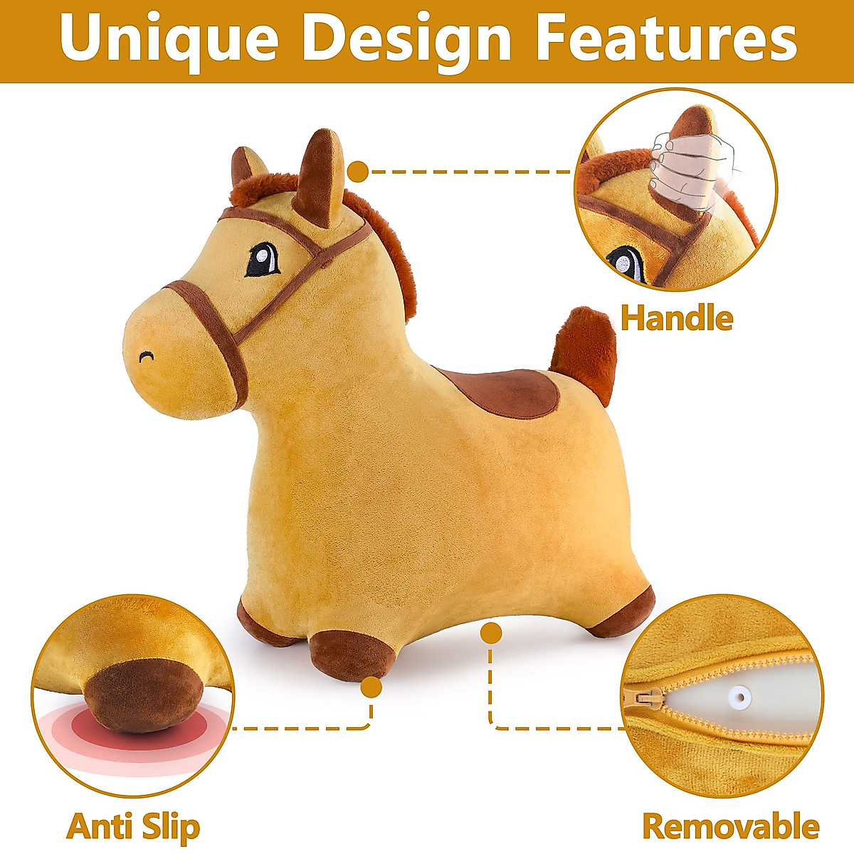iPlay, iLearn Bouncy Pals Hopping Horse, Toddler Girl Boy Inflatable Bouncing Animal Hopper Toy, Outdoor Indoor Plush Ride on Bouncer, Baby Birthday Gift 18 Month 2 3 4 Year Old Kid - Horse