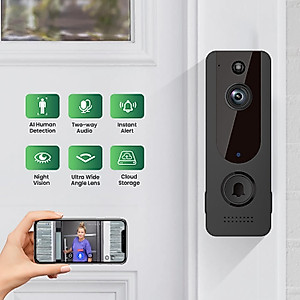 SJCODE Smart Video Doorbell with Chime Ringer, Security Camera Wireless Indoor/Outdoor and Battery Powered, 2-Way Audio, Night Vision, Human Detection, Wide-Angle Lens Surveillance