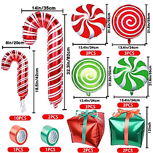 YUJUN 30Pcs Christmas Balloons Decoration Set, Candy Cane Gift Box Mylar Foil Balloons for Christmas New Year Candies Xmas Theme Party Decorations
