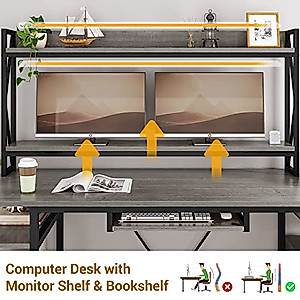SEDETA Computer Desk, 71" Home Office Desk with Desk Lamp, Office Desk with File Drawer Storage, Keyboard Tray, Monitor Shelf & Hutch, Gaming Desk with Led Lights, Grey