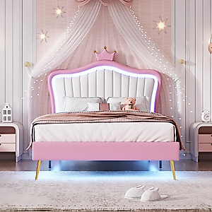 Twin Size Upholstered Princess Bed Frame with LED Lights and Crown Headboard,for Kids Boys Girls Teens Bedroom Use (White+Pink@LED//, Twin)
