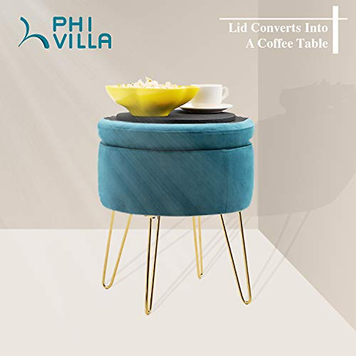 PHI VILLA Storage Ottoman,Blue Round Ottoman with Storage Box and Removable Lid, Upholstered Decorative Metal Legs Ottoman Footrest/Footstool for Living Room,Bedroom and Kids Room,Velvet,Blue
