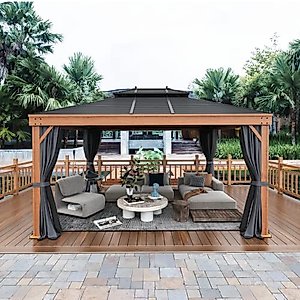 YOLENY 12' x 14' Hardtop Gazebo Faux Wood Grain Metal Gazebo with Aluminum Frame, Galvanized Steel Double Roof, Outdoor Patio Gazebo Pergolas with Netting and Curtains for Backyard, Patio, Lawns