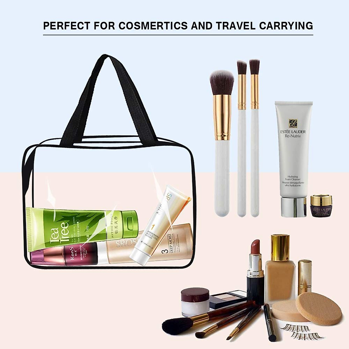 SYIDINZN Cosmetic Bag 3 Pack Clear Travel Toiletry Bag Set with Zipper Make-up Pouch Handle Straps | Waterproof Packing Organizer Storage Diaper Pencil Bags (Black)