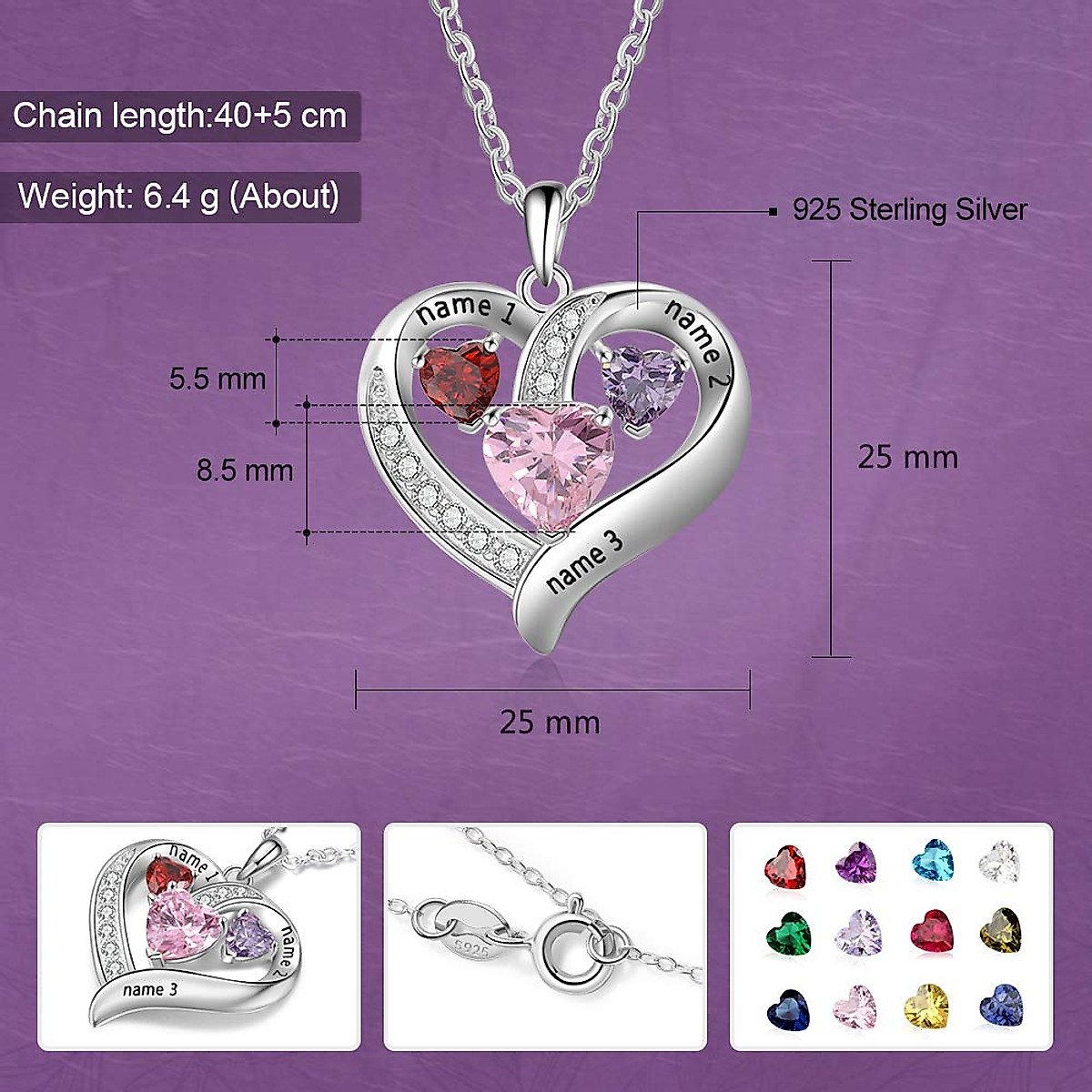 Personalized Mothers Pendant Necklace with 3 Heart Simulated Birthstone 3 Names Engraved Family Promise Necklace for Female Women (3 Stones)