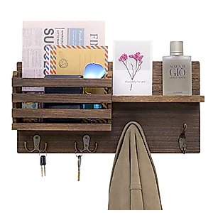ROOREVO Key Holder for Wall Mail Holder Wall Organizer with Key Hooks and A Floating Shelf Rustic Home Decor for Entryway or Mudroom,Brown