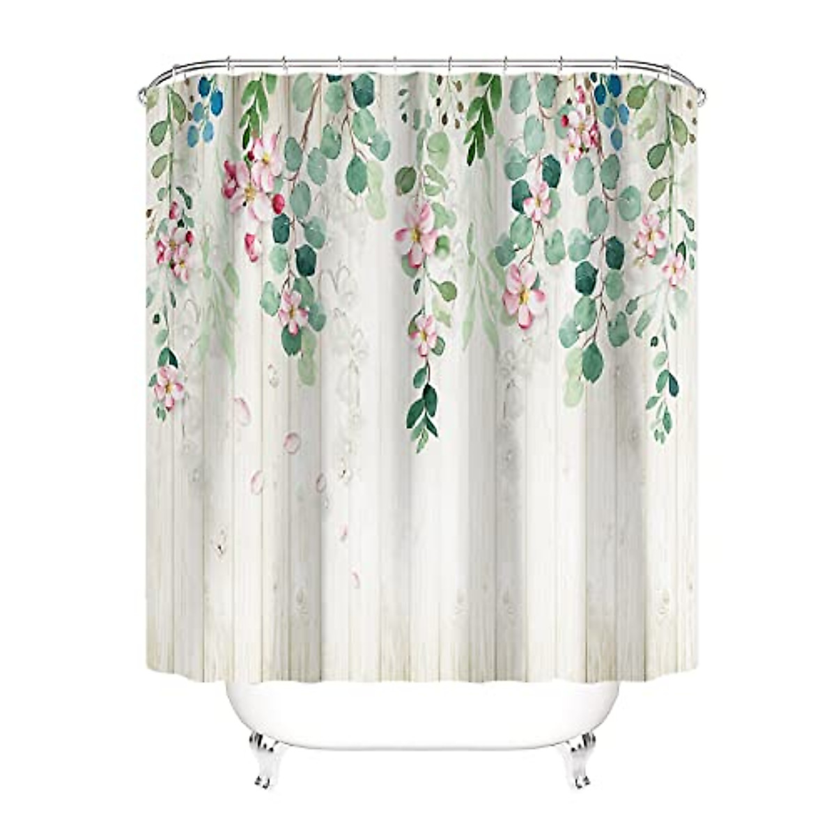 Mightree Bathroom Shower Curtains 4 PCS Set, Waterproof Fabric Bathroom Curtain with 12 Hooks, Toilet Lid Cover and Bath Mat, Non-Slip Rug Foot mat, Pink Flower, Medium