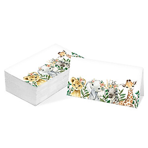 Table Place Card, Jungle Safari Animals Themed Tent Style Cards, Pack of 25 Half-Fold Reception Place Card, Wild Animal Food Labels, Perfect for Baby Shower, Birthday Party C03