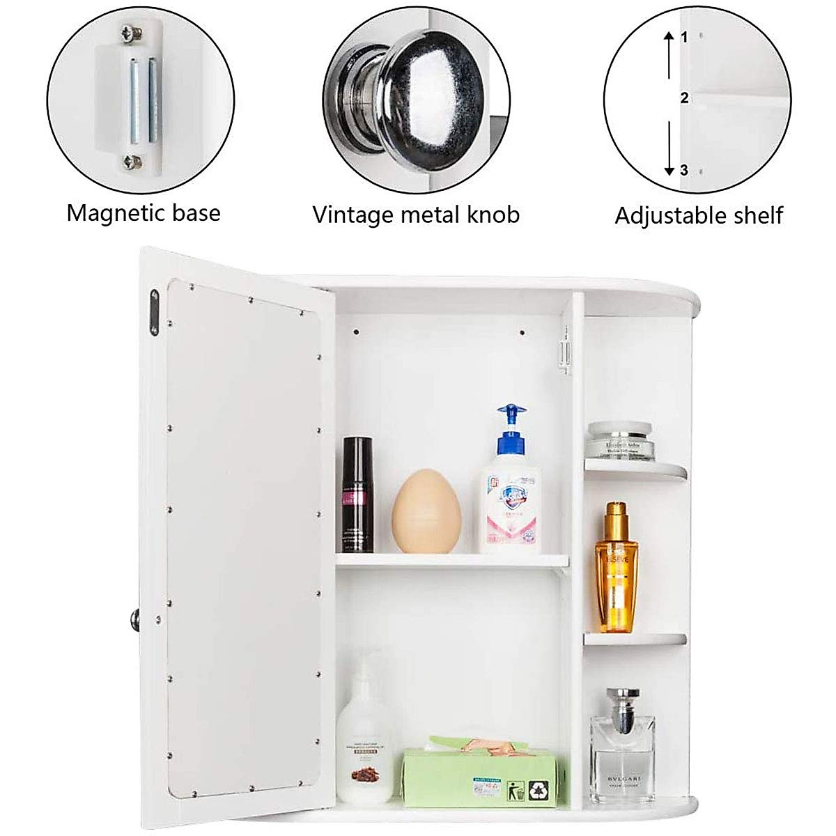 Bathroom Wall Mounted Cabinet Indoor Kitchen Medicine Cabinet Shelves Organizer with Single Door Mirror Height Adjustable Bathroom Cabinet for Bathroom, Vestibule, Bedroom
