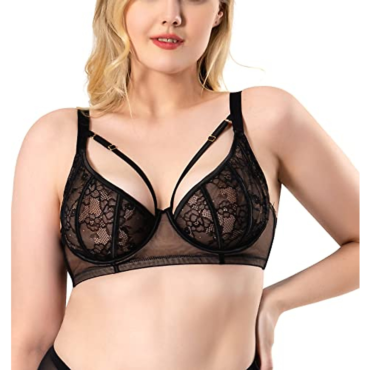 ANGABRIEL Women's Plus Size Underwire Bra Non-Padded Sheer 3/4 Cup Bra Strappy Lace Bra for Big Busted Women (k, 40, Big, Black)