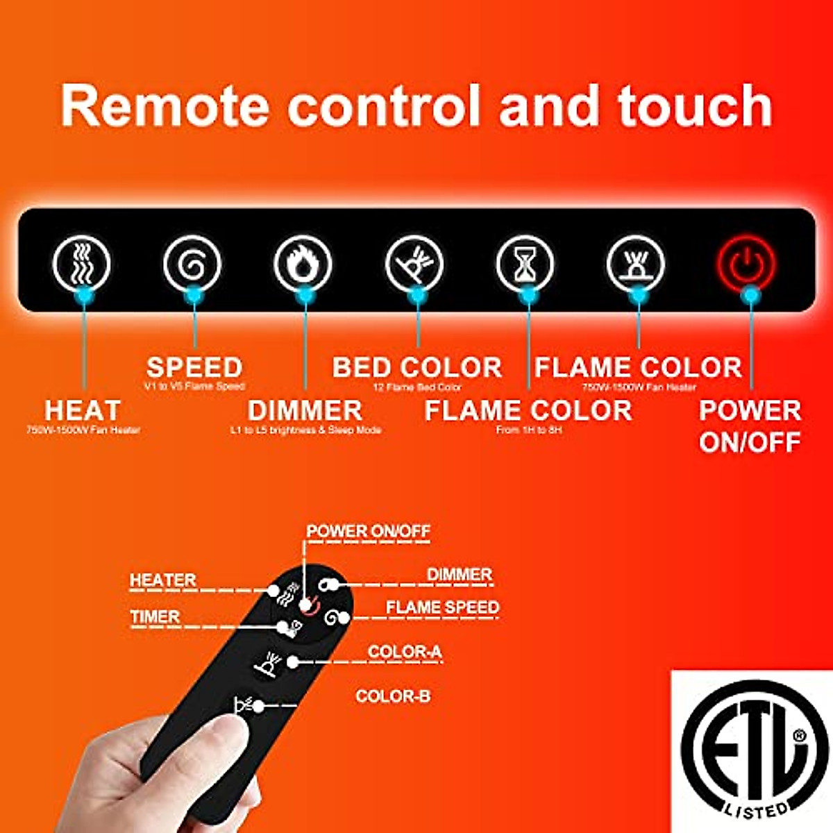Electric Fireplace-50'' LED Fireplace Wall Mounted/Recessed for Living Room-Fireplace Heater with Remote Control, Touch Screen, Adjustable Flame, 8H Timer, 750w/1500w