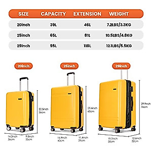 PRIMICIA GinzaTravel 3-Piece Luggage Sets Expandable Suitcases with 4 Wheels PC+ABS Durable Hardside Luggage sets TSA lock (Yellow, 3-Piece Set(20"/25"/29"))