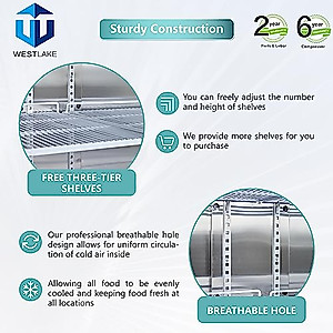 WESTLAKE Commercial Freezer 54"W 2 Door 2 Section Stainless Steel Reach-in Solid Door Upright Fan Cooling 49 Cu.ft Freezer for Restaurant, Bar, Shop, etc