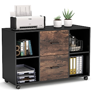 Tribesigns 2 Drawer File Cabinet, Large Mobile Lateral Filing Cabinet for Letter Size, Printer Stand with Storage Shelves and Rolling Wheels for Home Office (Black/Rustic)