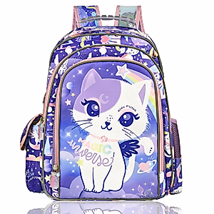 Girls Backpack 16 Inch Kids Backpacks for Girls Cute Cat Backpack for Girls Kawaii Light Purple Backpack for Preschool Elementary Kindergarten Large Capacity