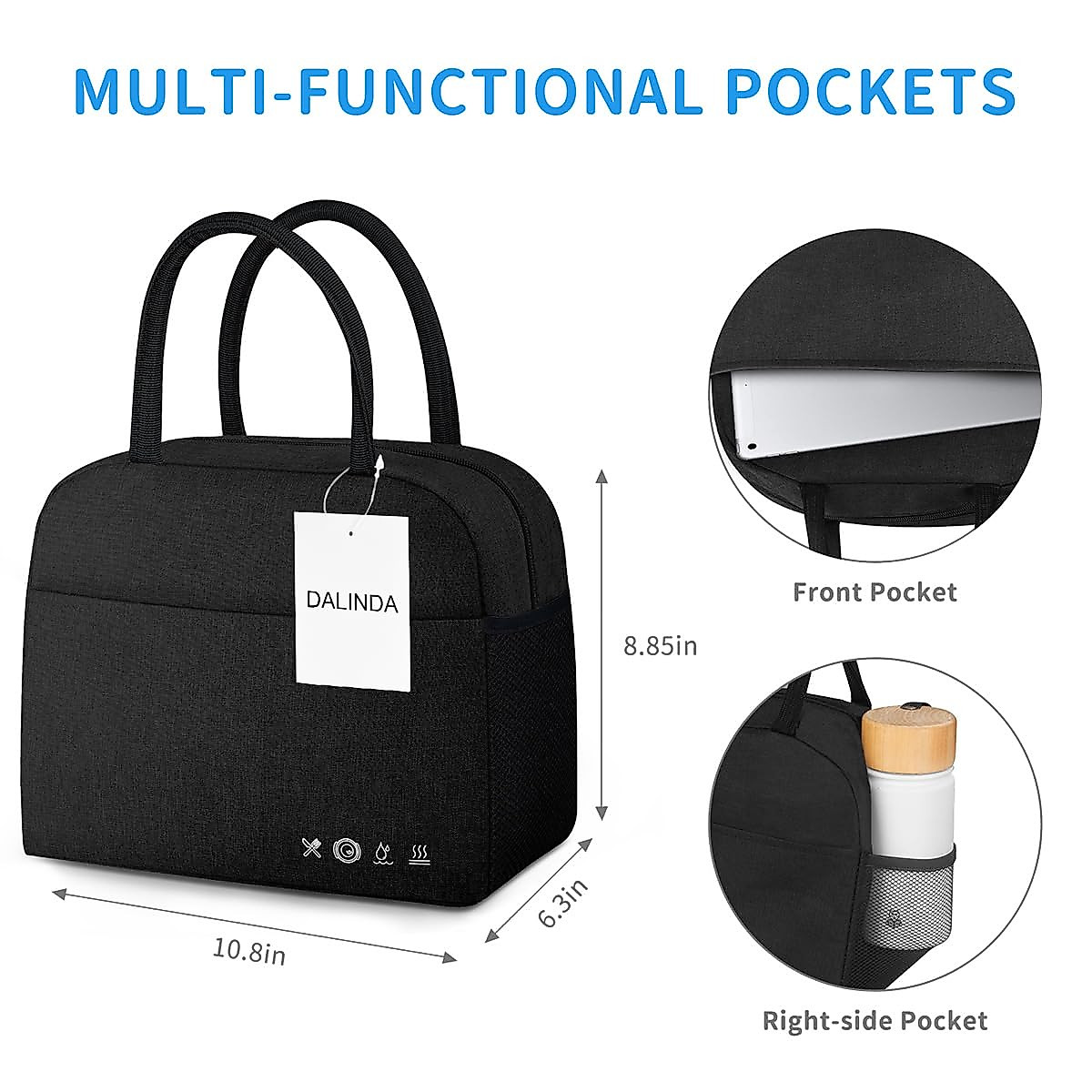 DALINDA Lunch Bag Lunch Box for Women Men Reusable Insulated Lunch Tote Bag,Leakproof Thermal Cooler Sack Food Handbags Case High Capacity forTravel Work School Picnic- Black