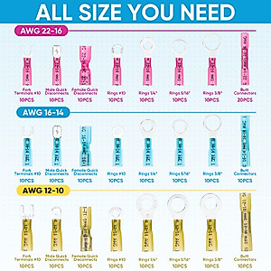 TICONN 250Pcs Heat Shrink Wire Connectors, Waterproof Automotive Marine Electrical Terminals Kit, Crimp Connector Assortment, Ring Fork Spade Splices