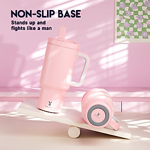 Meoky 32 oz Tumbler with Handle and Flip Straw, 100% Leakproof Tumbler with Lid and Straw, Stainless Steel Insulated Cup, Cupholder Friendly, Keeps Cold for 24 Hours (Blush)