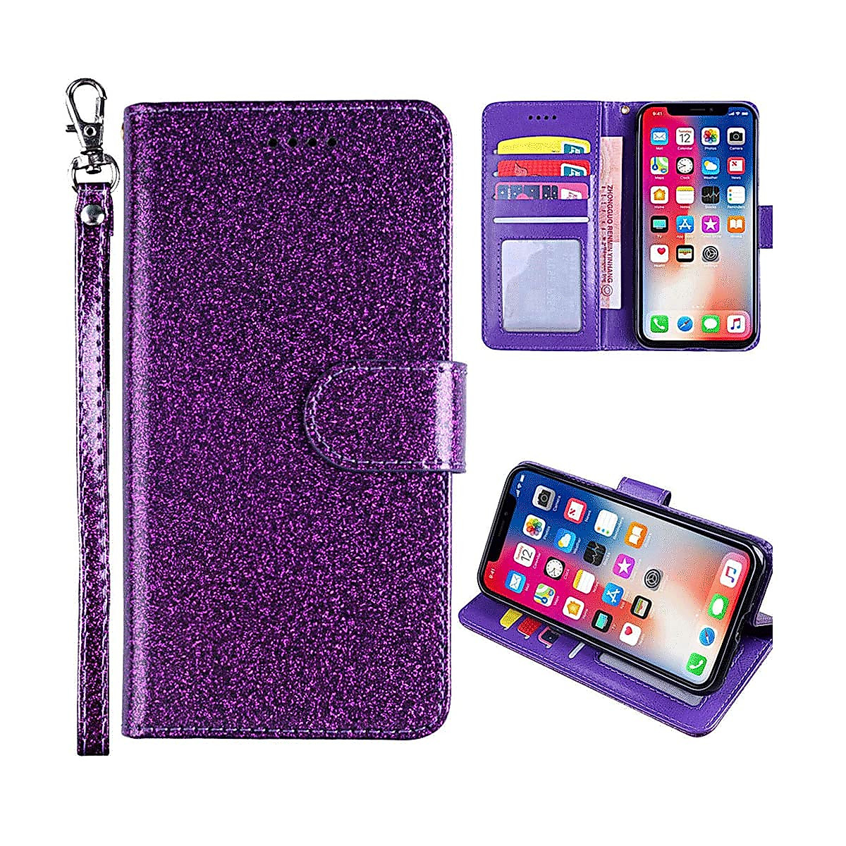 FZZSZS Case for Tecno Spark 7 Pro (6.6") + 2 Pack Screen Protector Film Tempered Glass, Magnetic PU Wallet Flip Protective Cover with Card Slots Shell Case, Purple Leather Case